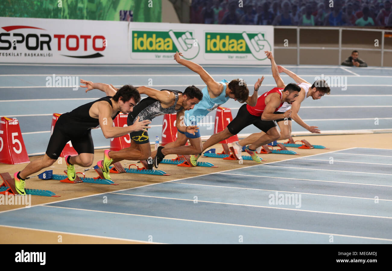 ISTANBUL, TURKEY - JANUARY 06, 2018: Athletes running 60 meters during ...