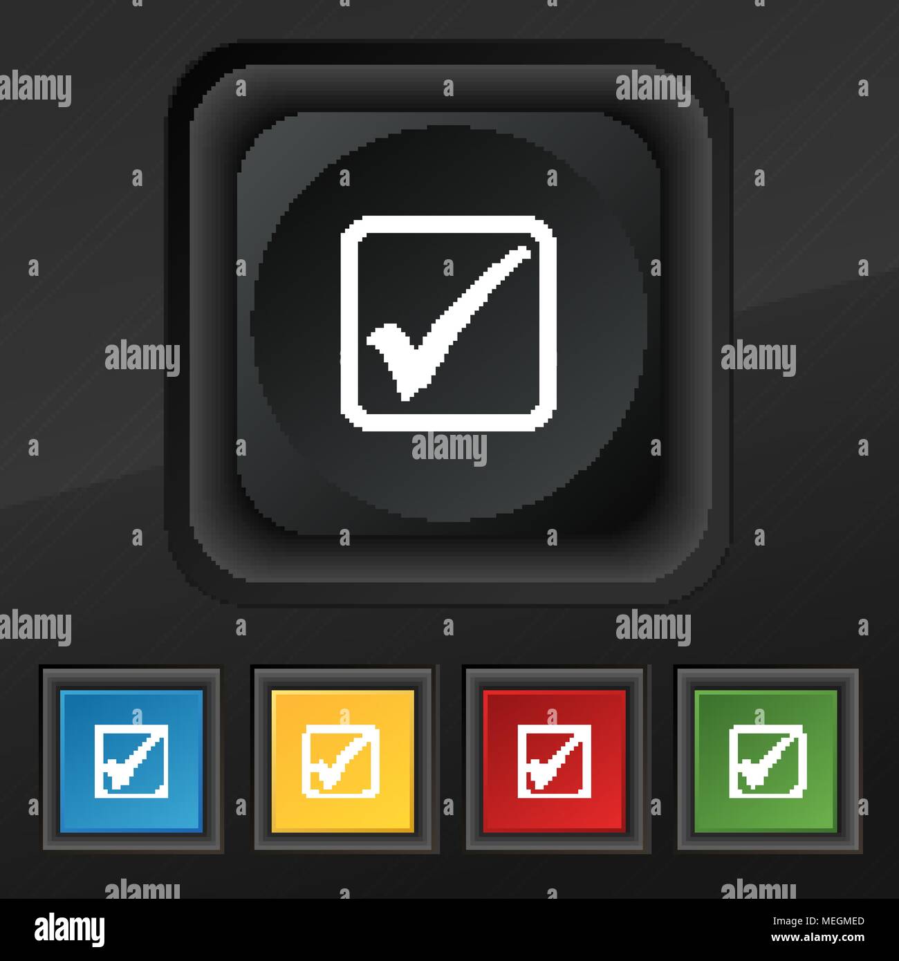 A check mark icon symbol. Set of five colorful, stylish buttons on ...