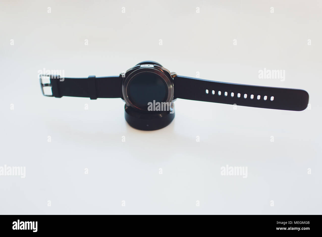 Bamboo stand with smart watch clock white Stock Photo - Alamy