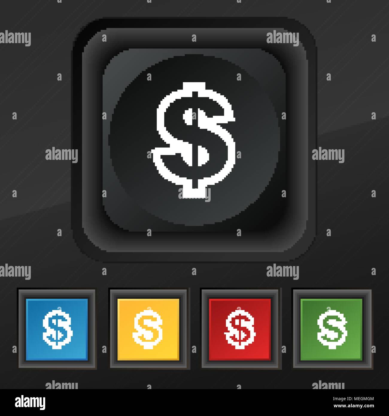 Dollar icon symbol. Set of five colorful, stylish buttons on black ...