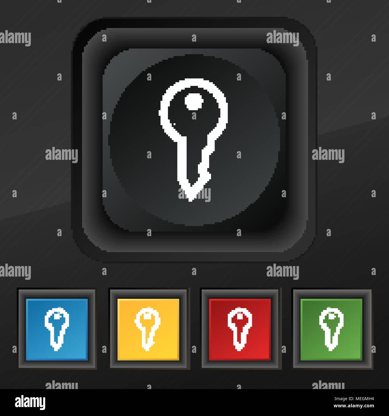 Key icon symbol. Set of five colorful, stylish buttons on black texture ...