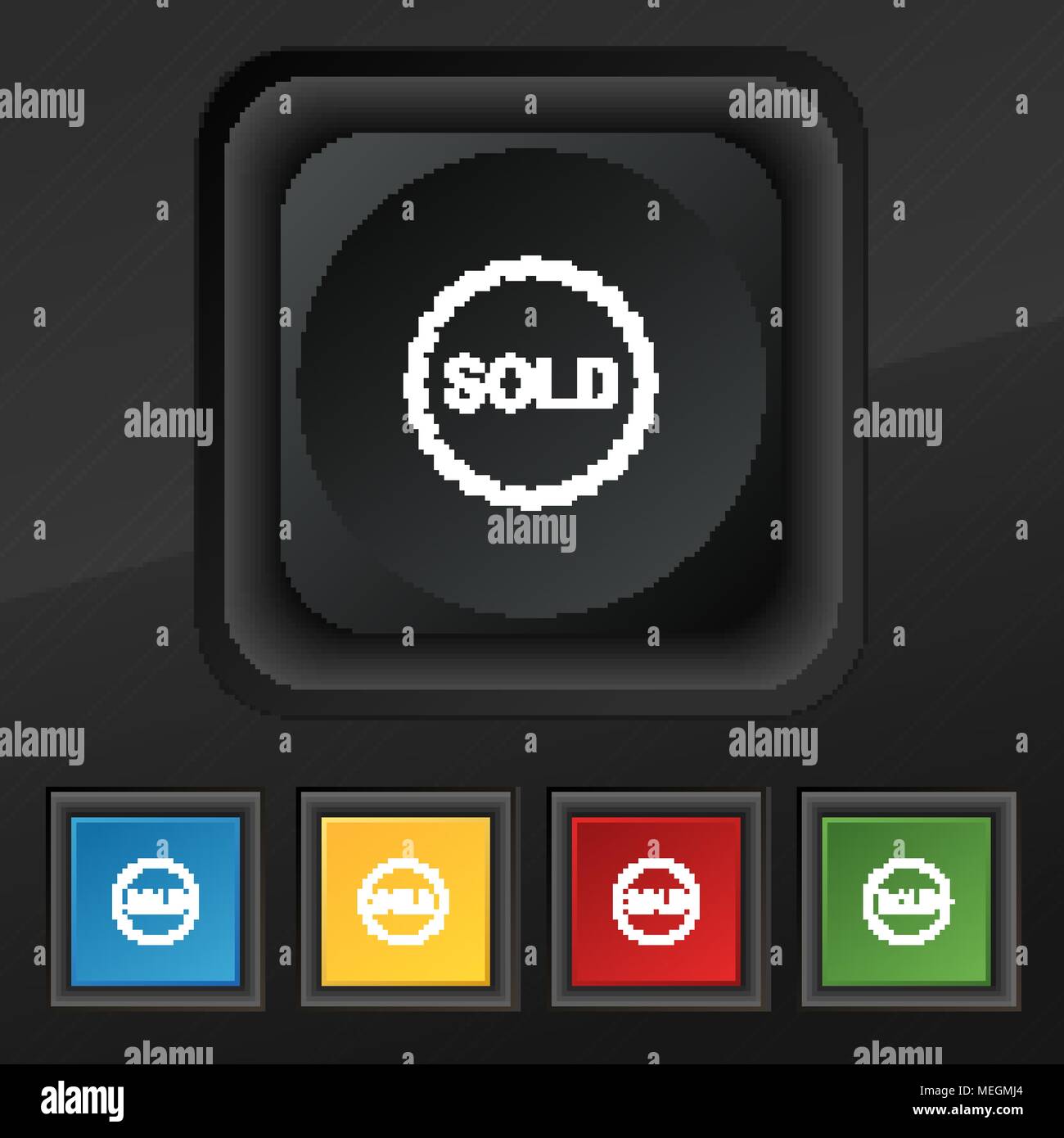 Sold icon symbol. Set of five colorful, stylish buttons on black ...