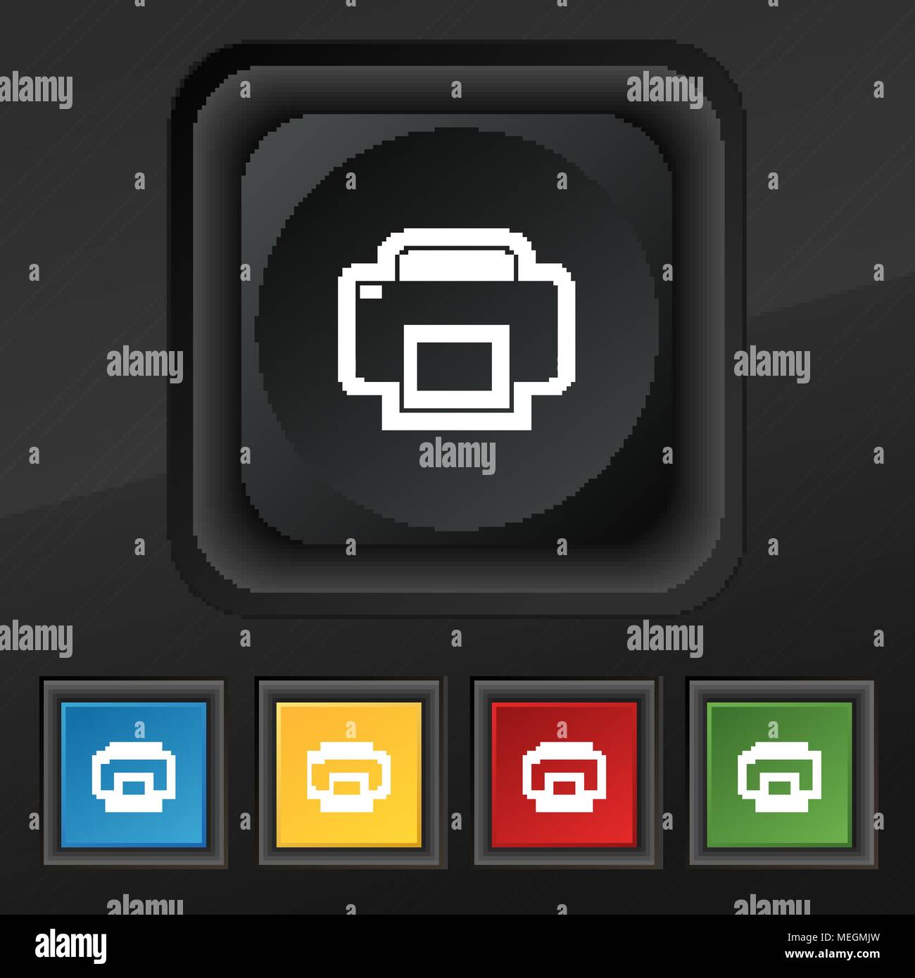 Printing icon symbol. Set of five colorful, stylish buttons on black ...