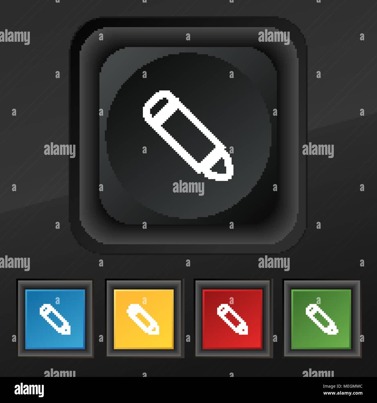 Pen icon symbol. Set of five colorful, stylish buttons on black texture ...