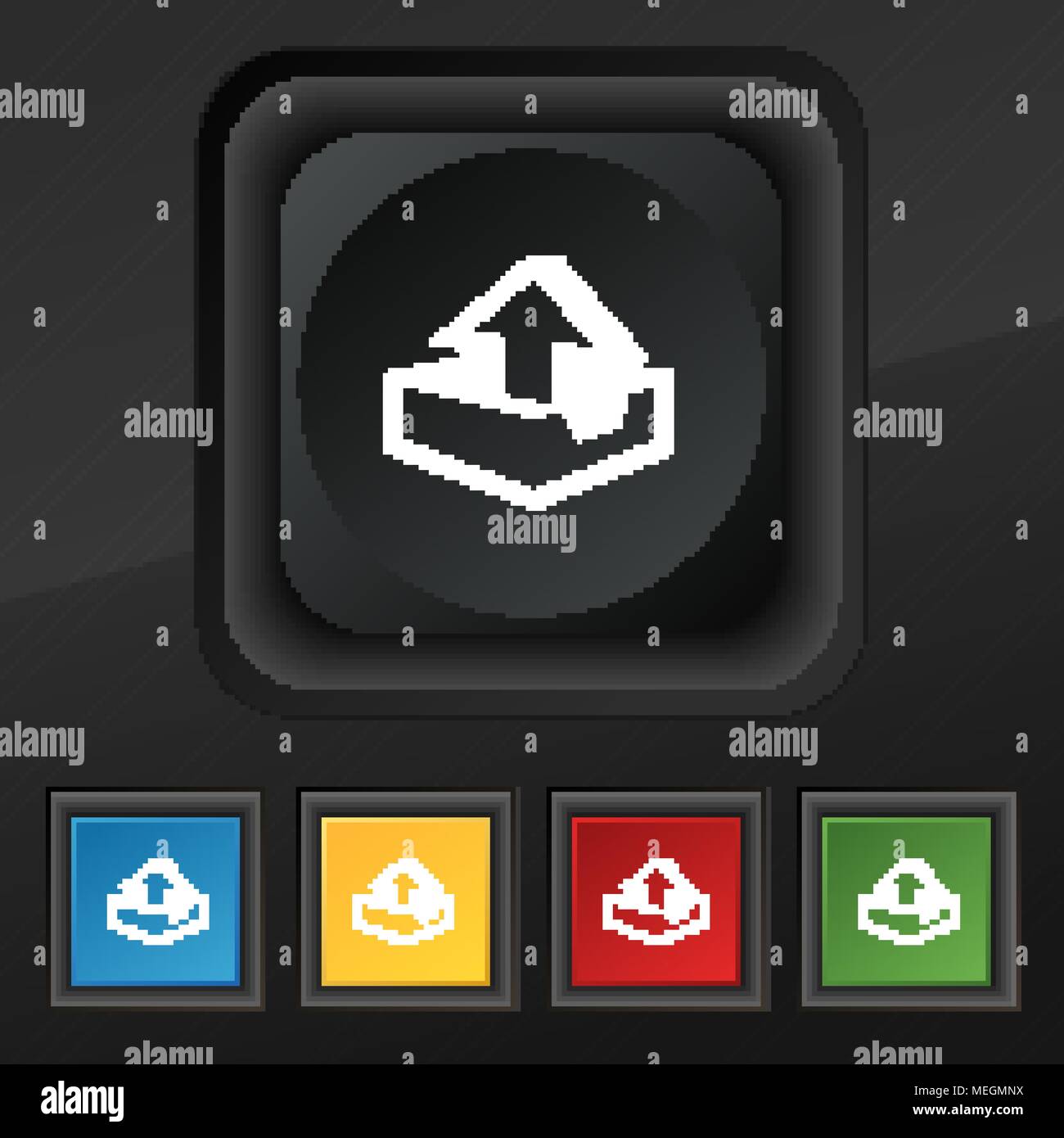 Upload icon symbol. Set of five colorful, stylish buttons on black ...