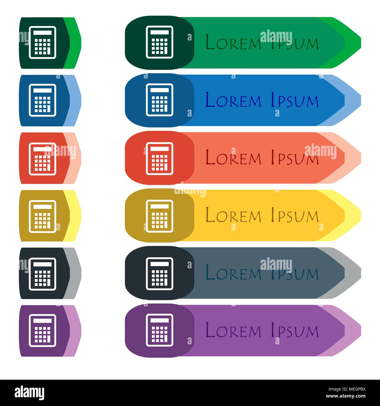 Calculator icon sign. Set of colorful, bright long buttons with ...
