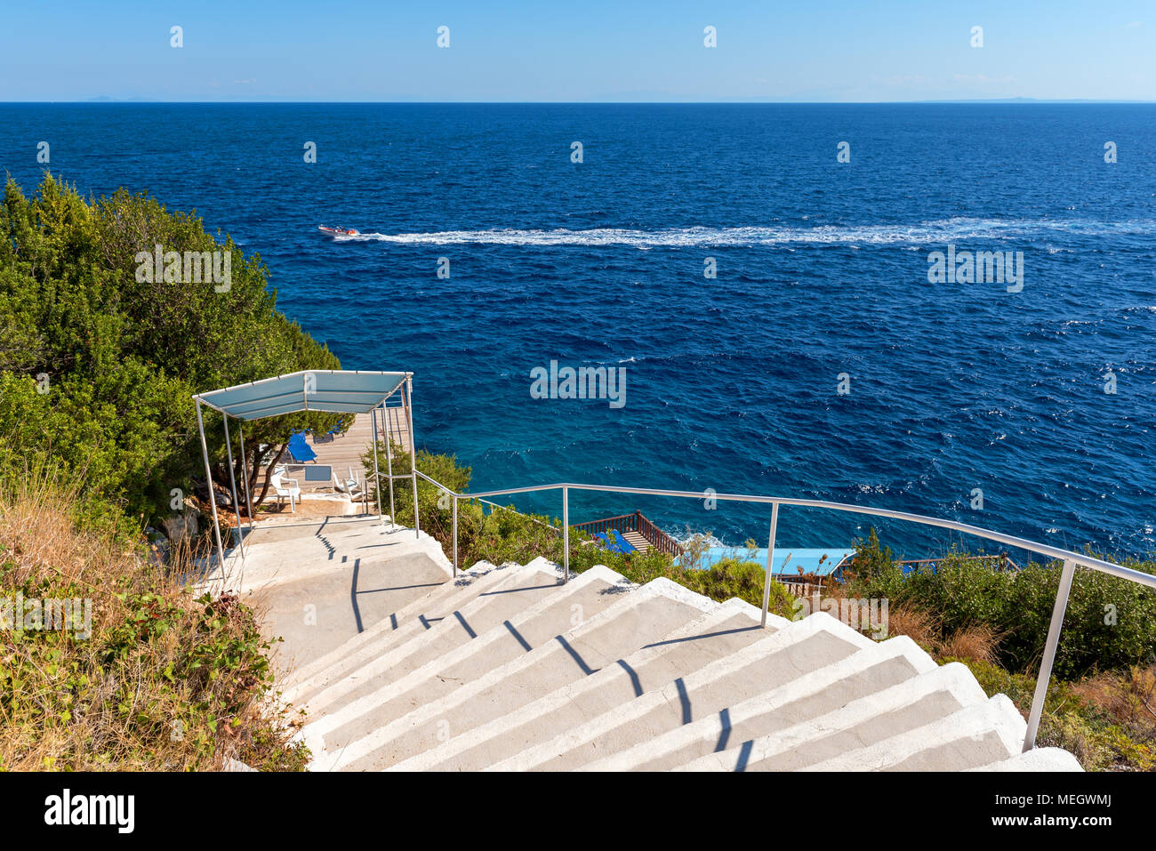Stairs leading to blue sea near Skinari cape. Zakynthos island. Greece ...