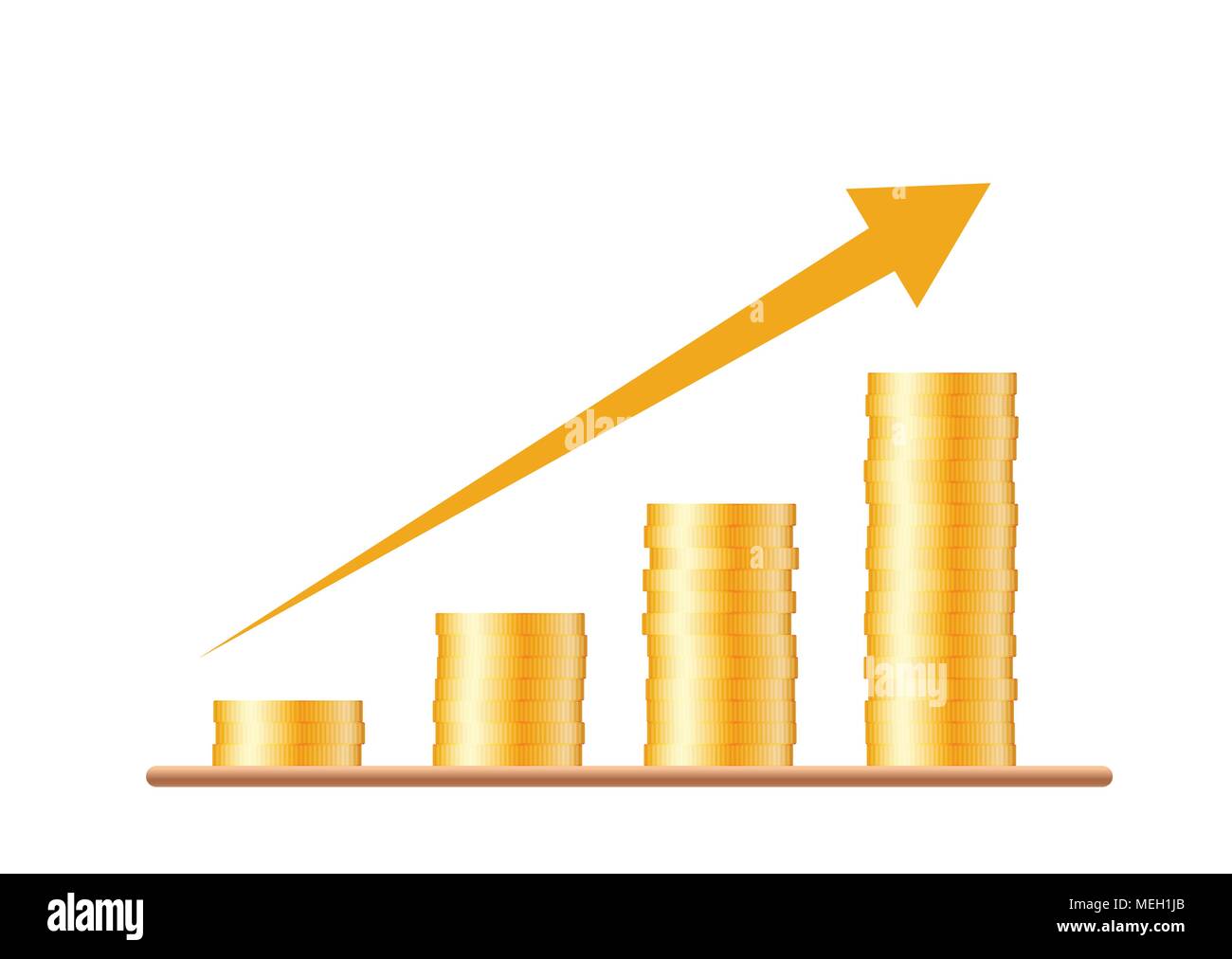 Four stacks of gold coins with an arrow of a growing chart, isolated ...