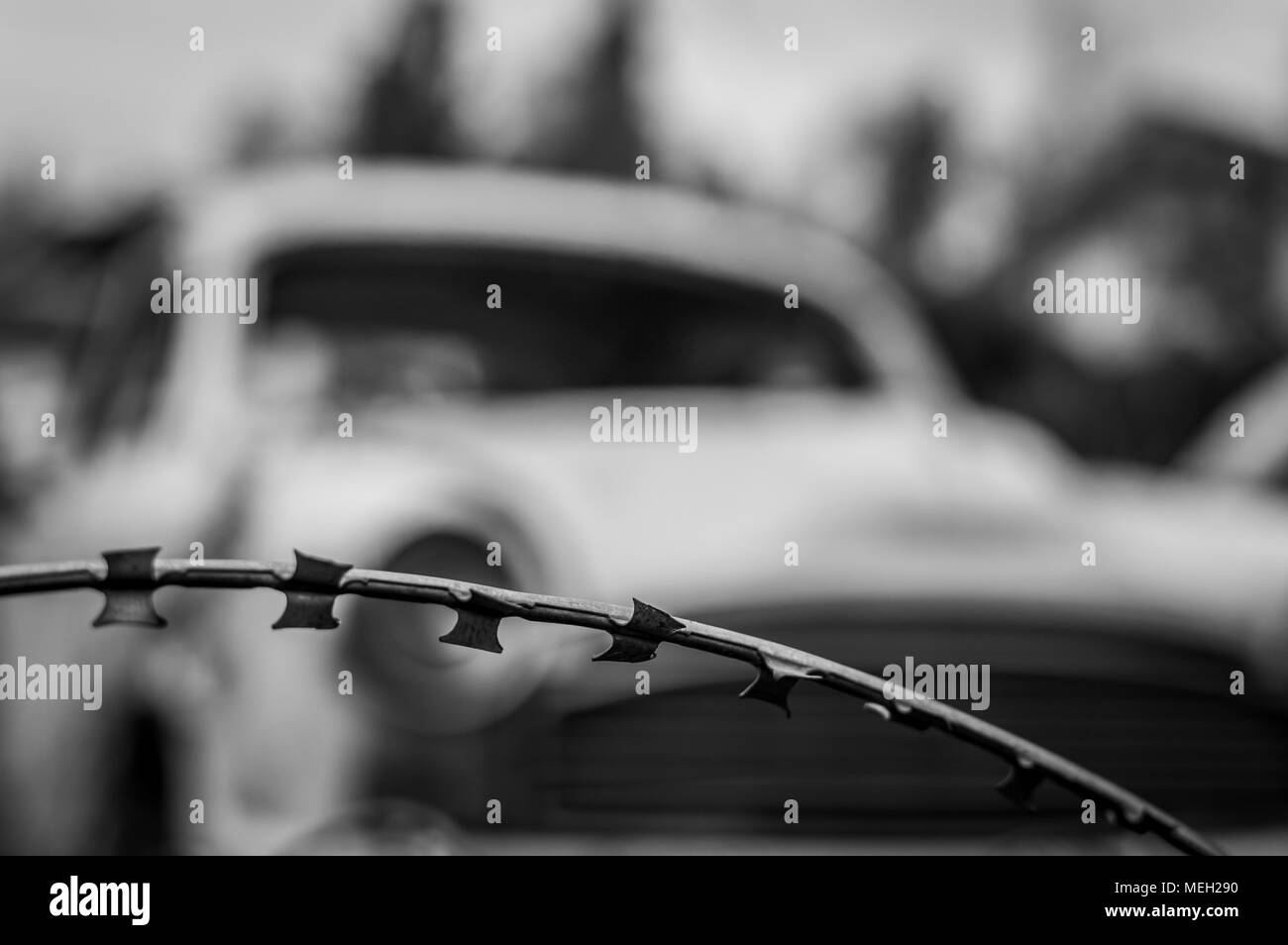 A barbed wire for protection no trespassing not allowed bokeh car in ...