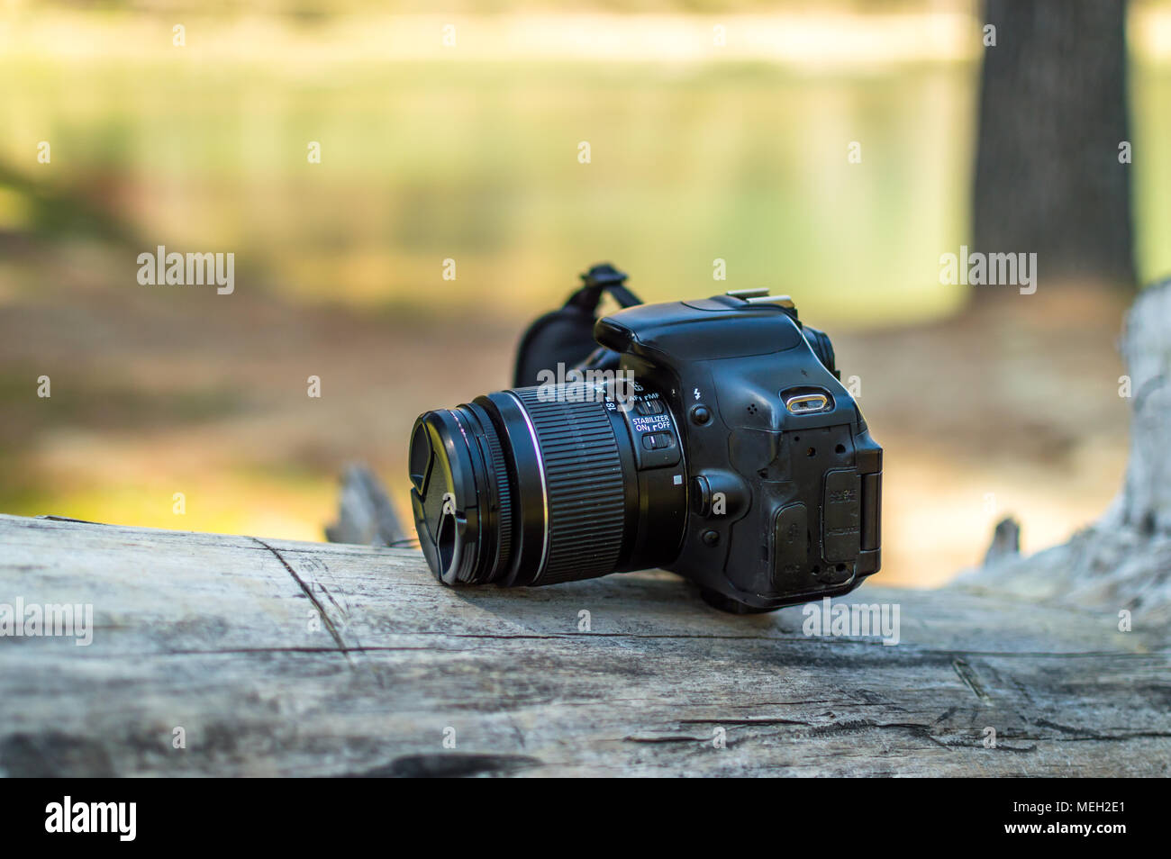 A DSLR Camera kept on a log of wood outdoors Stock Photo - Alamy