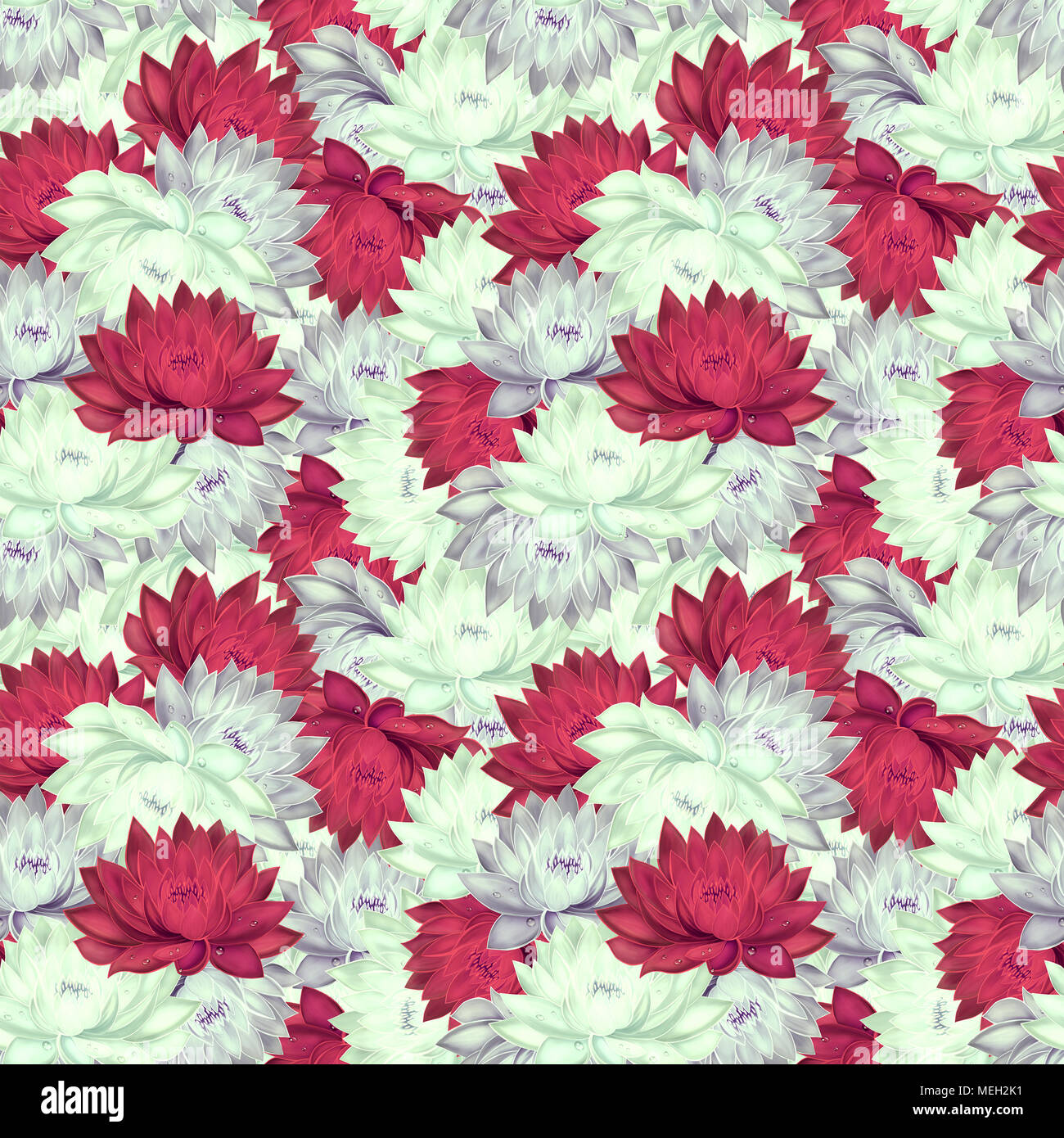 Beautiful seamless pattern with lilac and red water lilies. Digital art ...