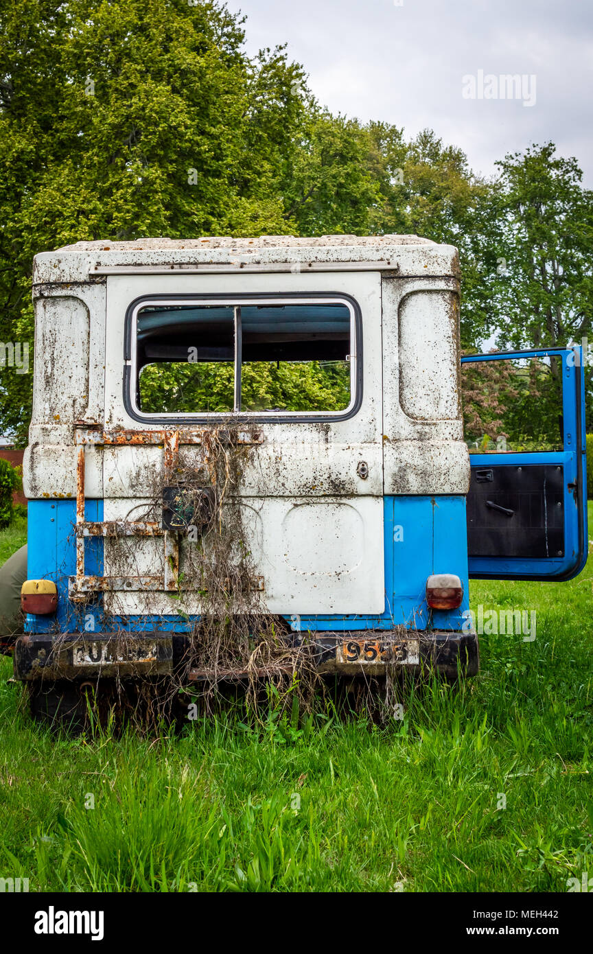 Abandoned vintage car blue lush green grass broken glass Stock Photo - Alamy