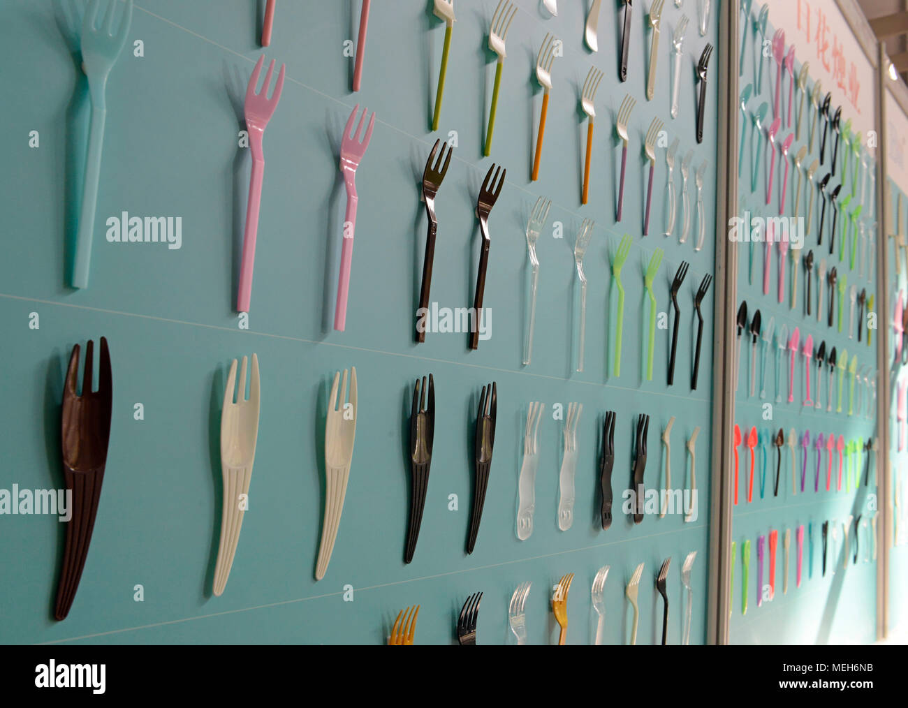 Plastic forks and other cutlery on display at the China International ...
