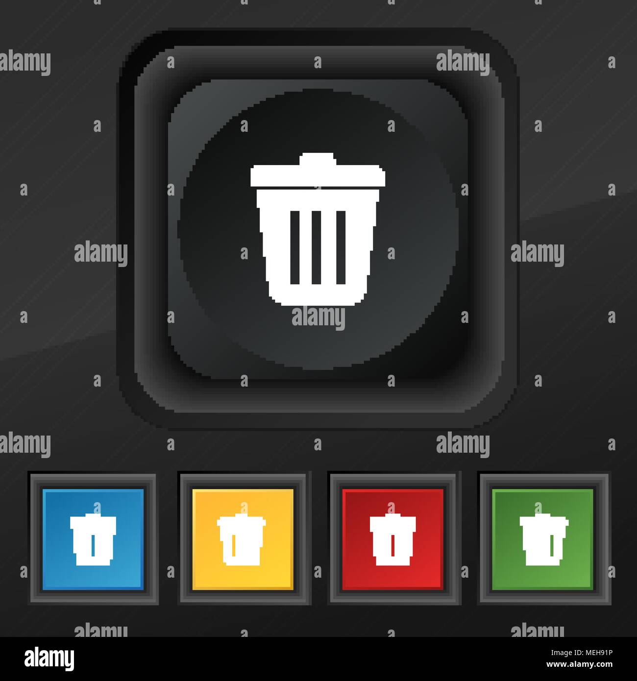 Bin icon symbol. Set of five colorful, stylish buttons on black texture ...