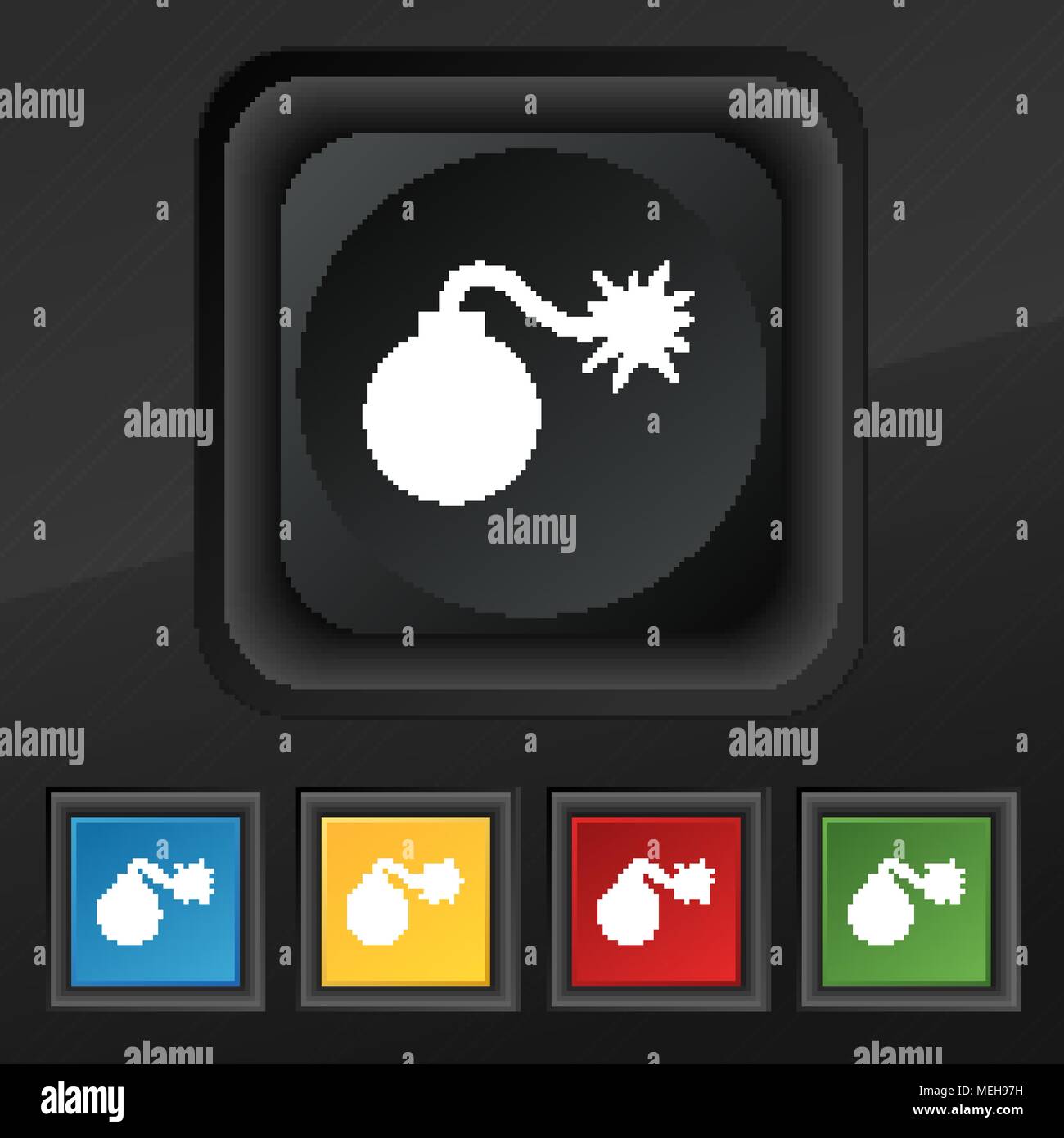 bomb icon symbol. Set of five colorful, stylish buttons on black ...