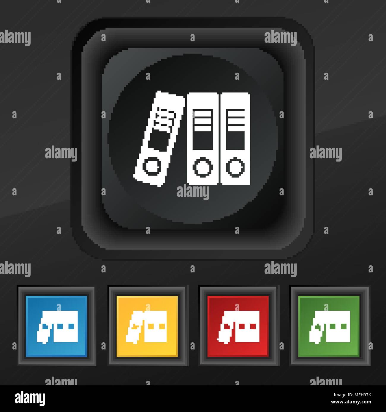 binders icon symbol. Set of five colorful, stylish buttons on black ...