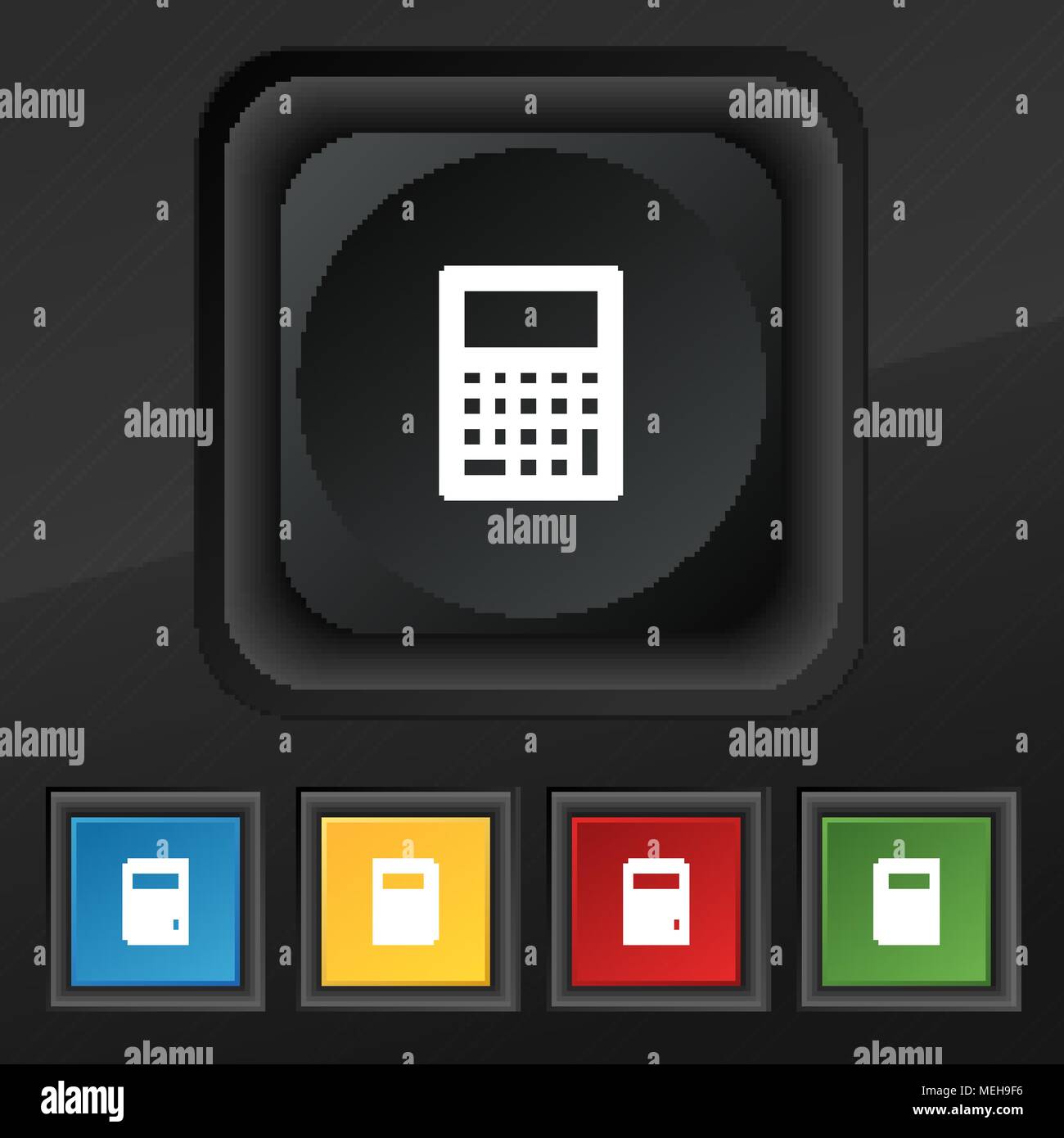Calculator icon symbol. Set of five colorful, stylish buttons on black ...