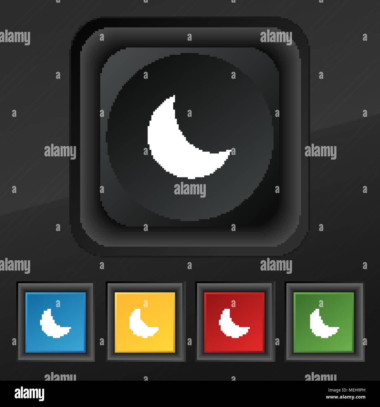 moon icon symbol. Set of five colorful, stylish buttons on black ...