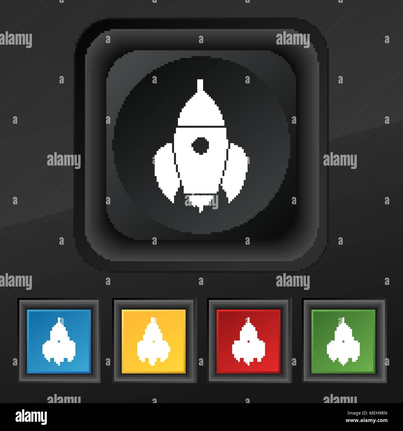 Rocket icon symbol. Set of five colorful, stylish buttons on black ...