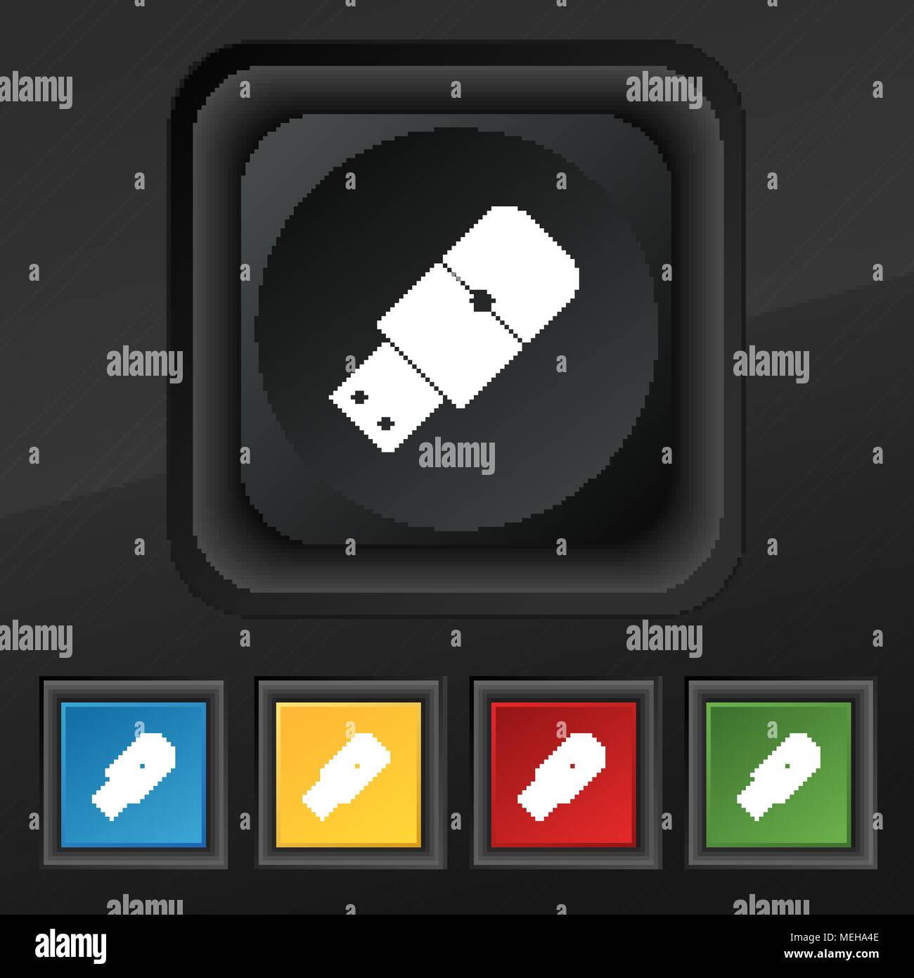 USB flash icon symbol. Set of five colorful, stylish buttons on black ...