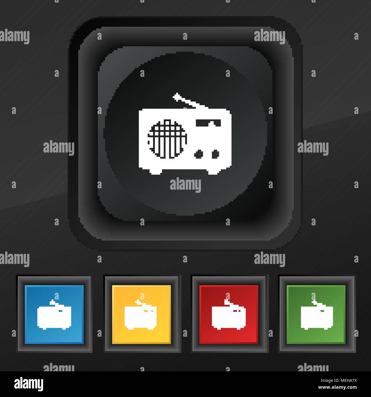 Retro radio icon symbol. Set of five colorful, stylish buttons on black ...