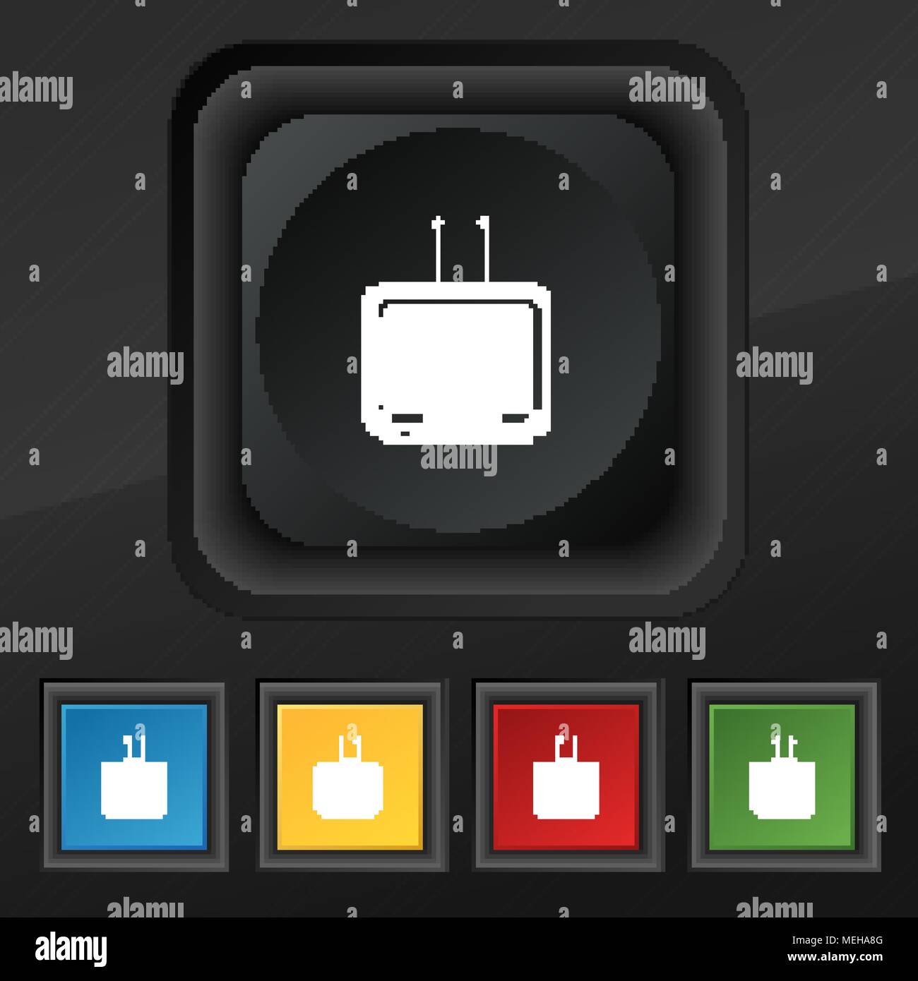 TV icon symbol. Set of five colorful, stylish buttons on black texture ...