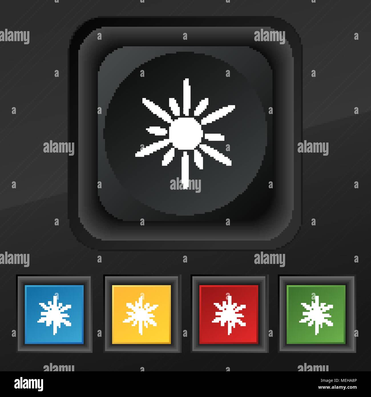 Sun icon symbol. Set of five colorful, stylish buttons on black texture ...