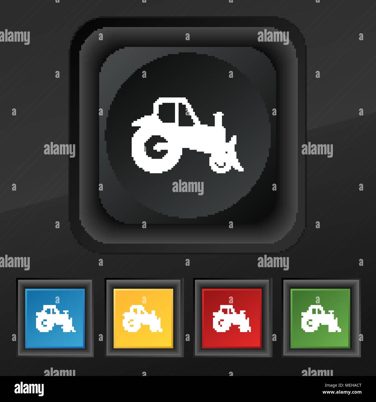 Tractor icon symbol. Set of five colorful, stylish buttons on black ...