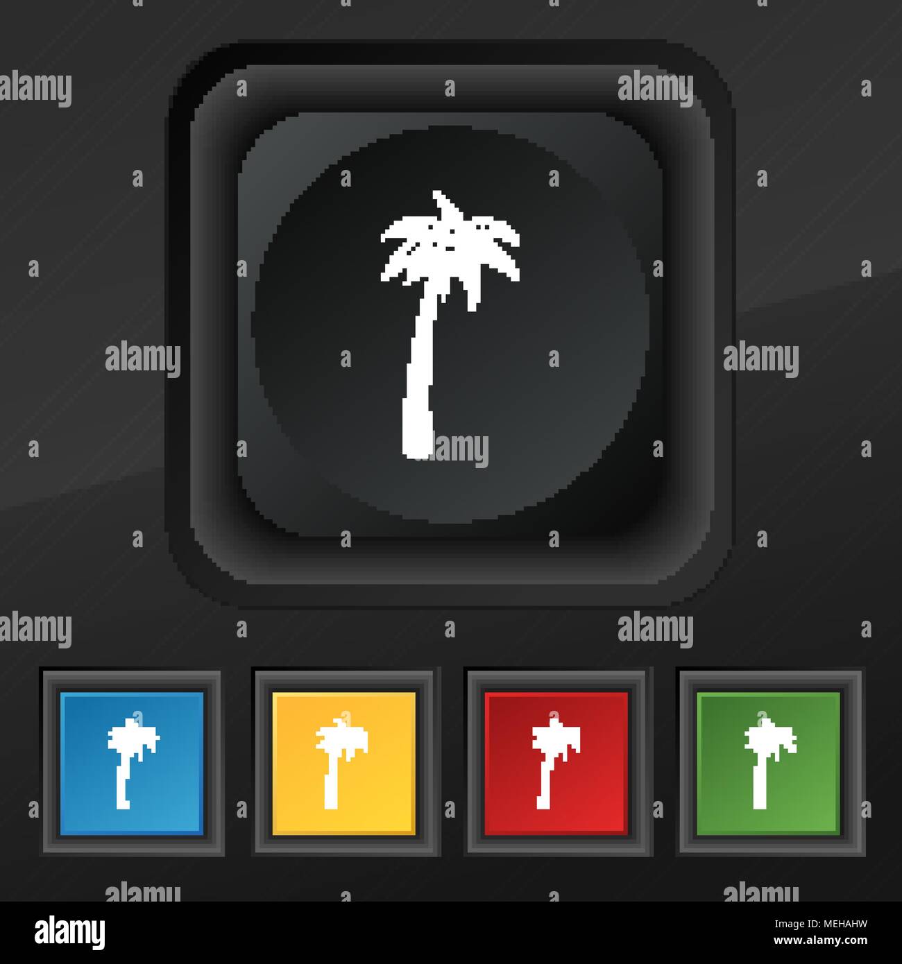 Palm icon symbol. Set of five colorful, stylish buttons on black ...