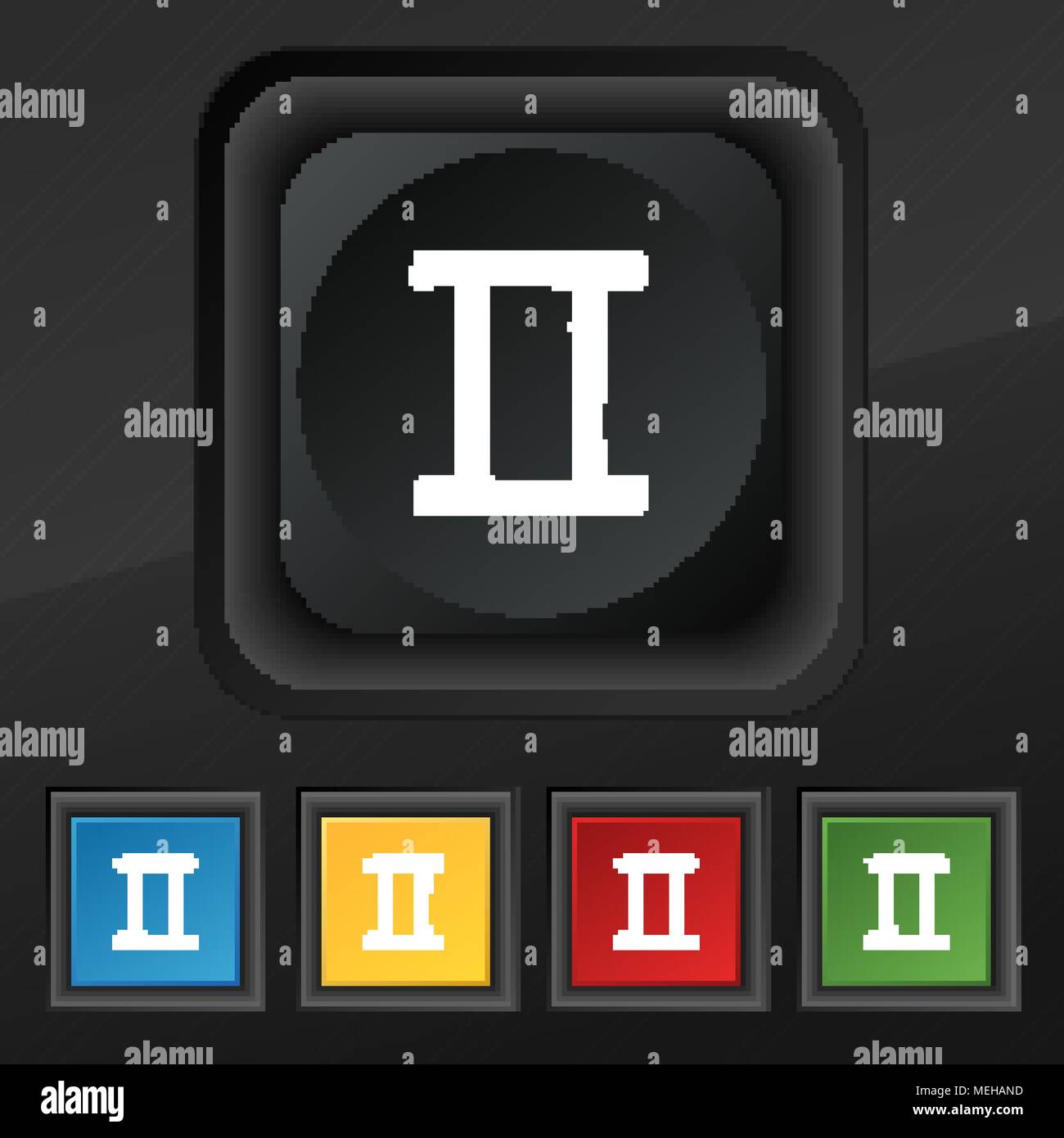 Gemini icon symbol. Set of five colorful, stylish buttons on black texture for your design ...