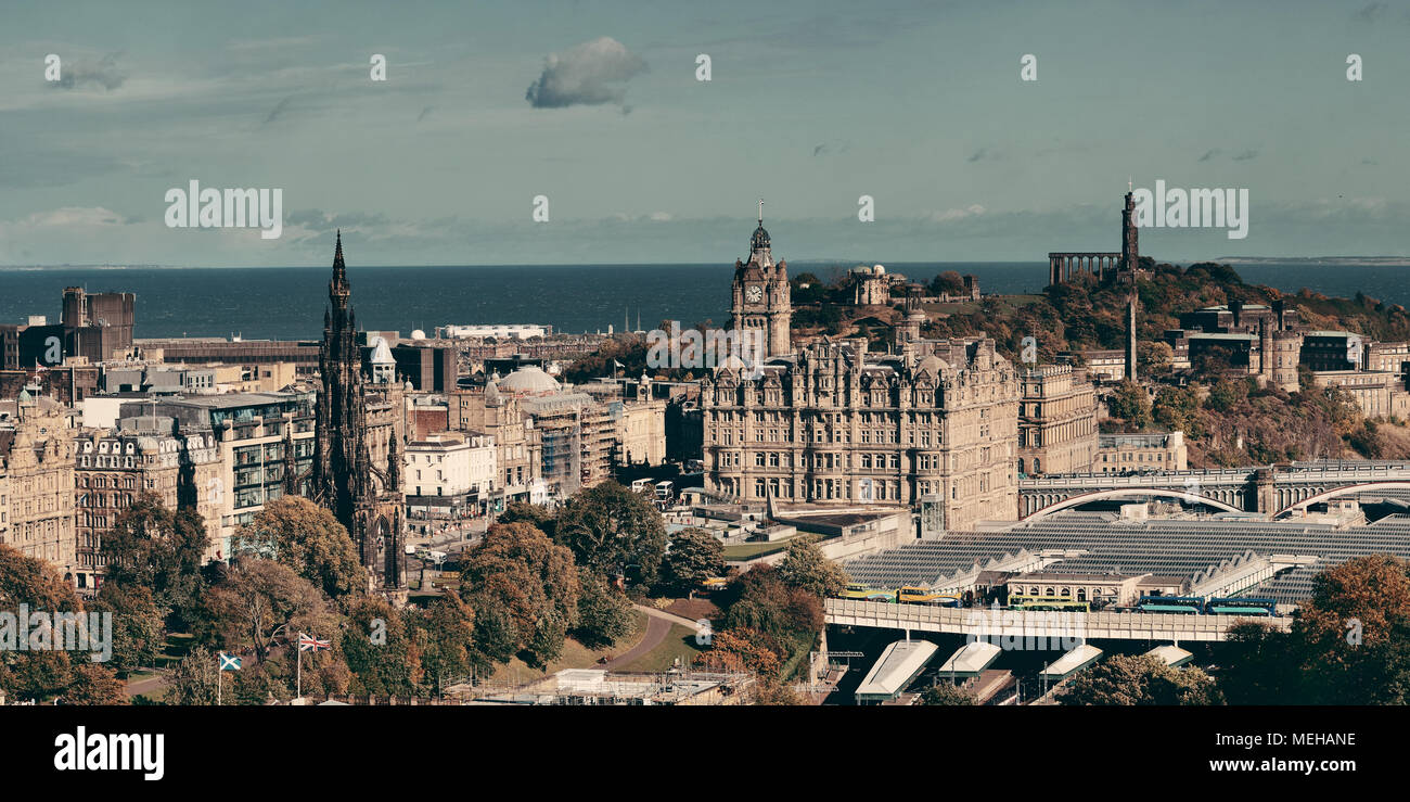 Edinburgh city rooftop view with historical architectures. United ...