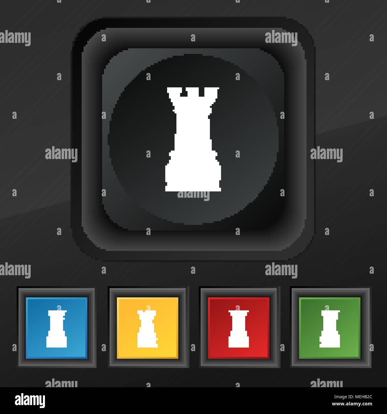 Chess Rook icon symbol. Set of five colorful, stylish buttons on black ...