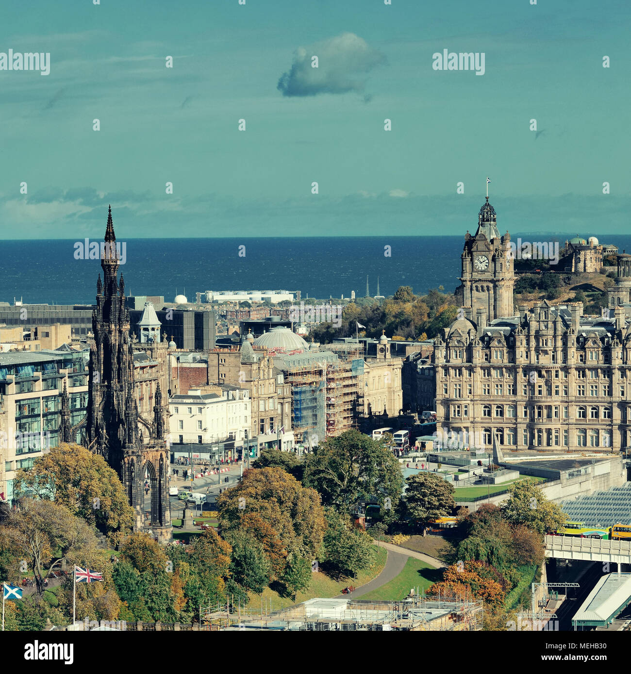 Edinburgh city rooftop view with historical architectures. United ...