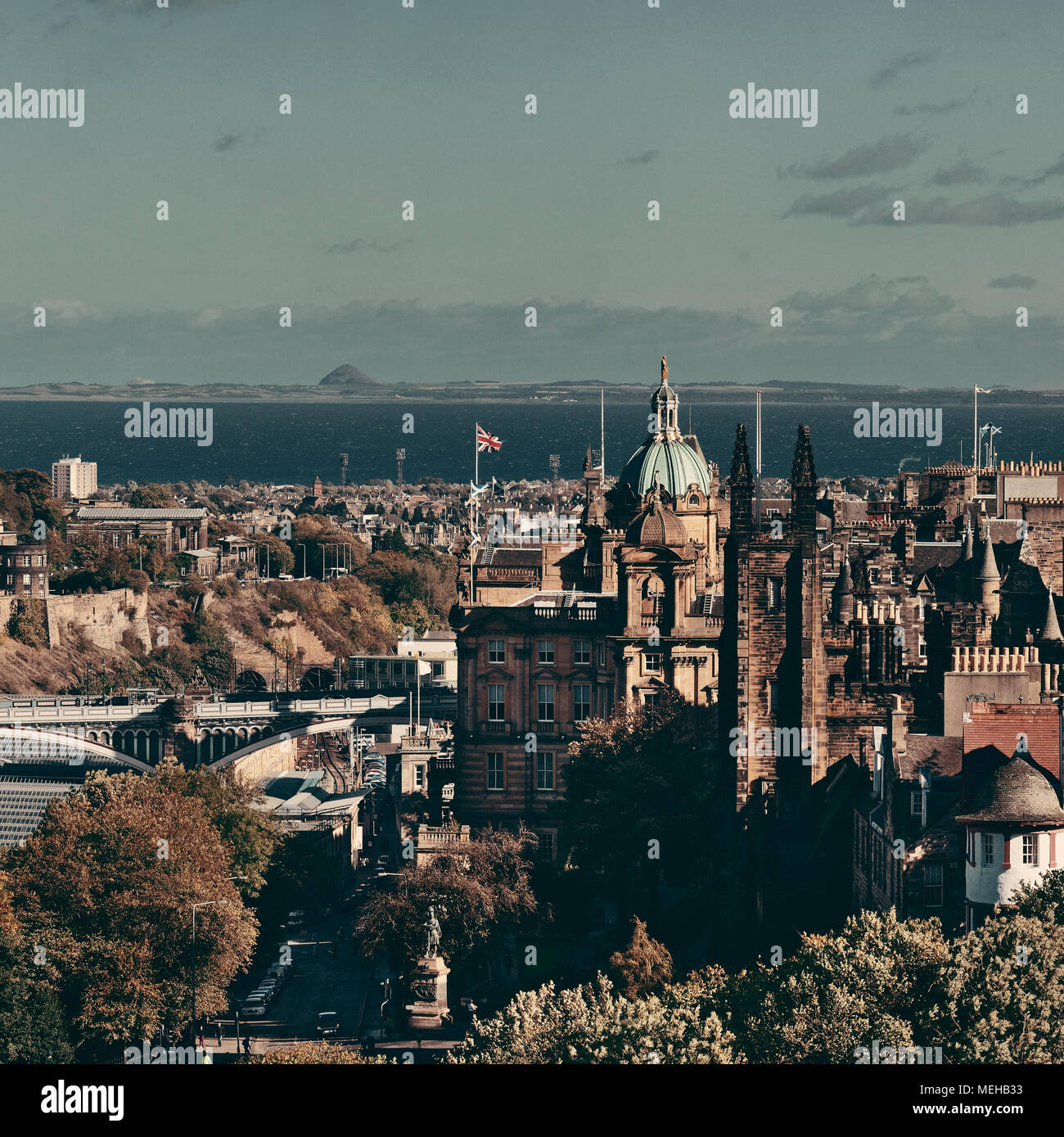 Edinburgh city rooftop view with historical architectures. United ...