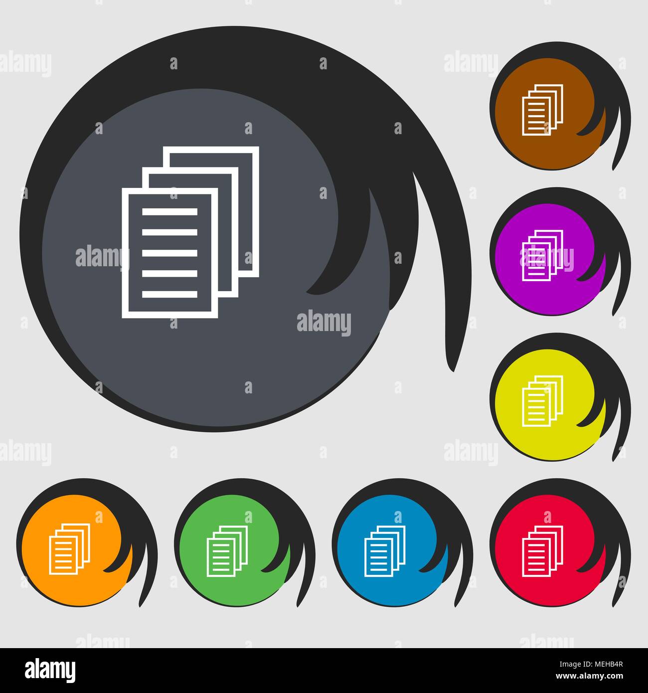 Copy file, Duplicate document icon. Symbols on eight colored buttons. Vector illustration Stock ...