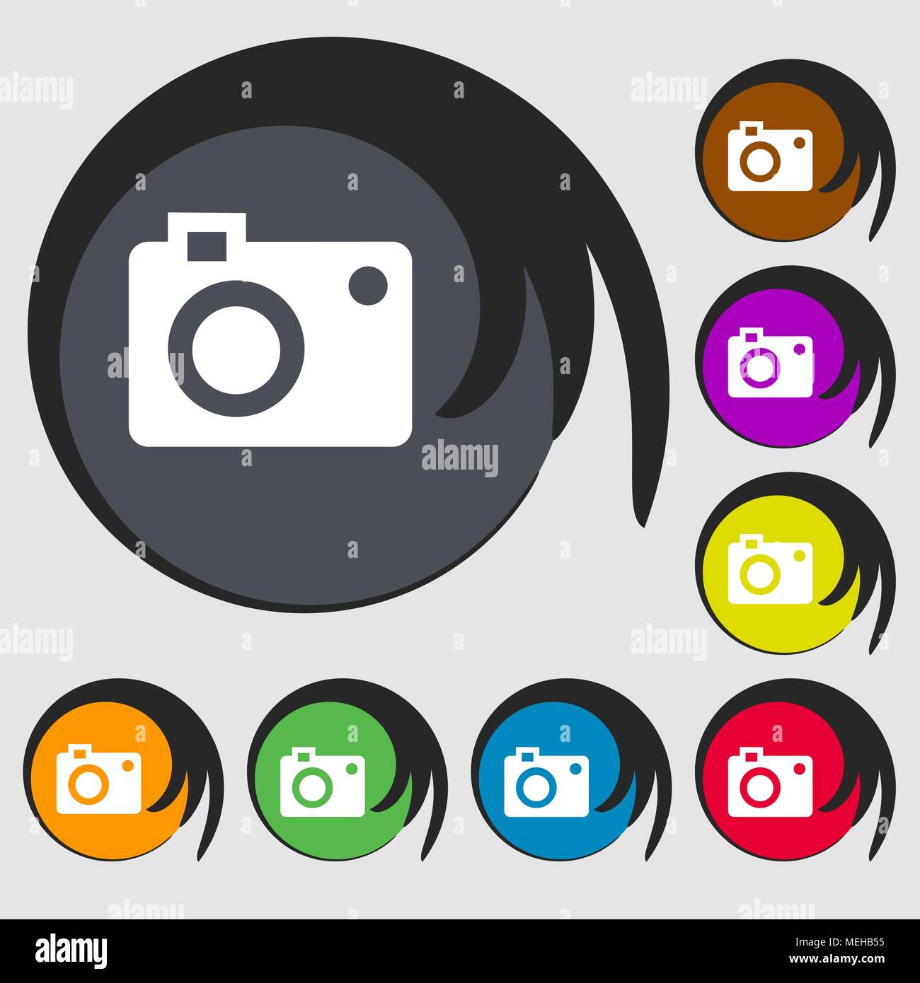 camera icon. Symbols on eight colored buttons. Vector illustration ...