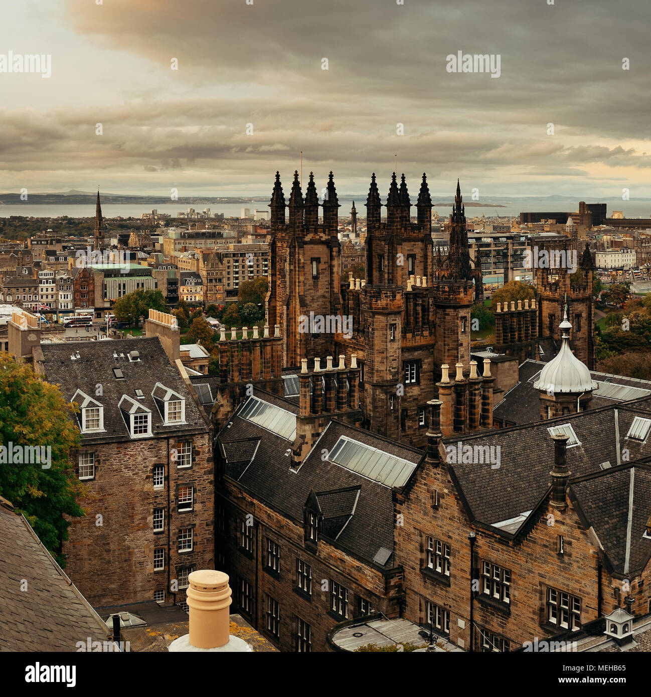 Edinburgh city rooftop view with historical architectures. United ...