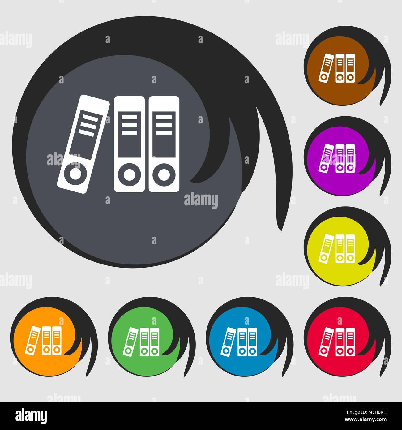 binders icon. Symbols on eight colored buttons. Vector illustration ...