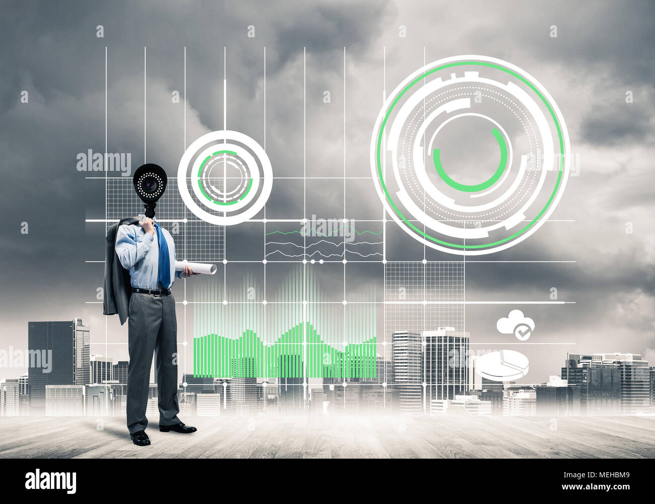 Camera headed man standing on wooden floor against modern citysc Stock ...