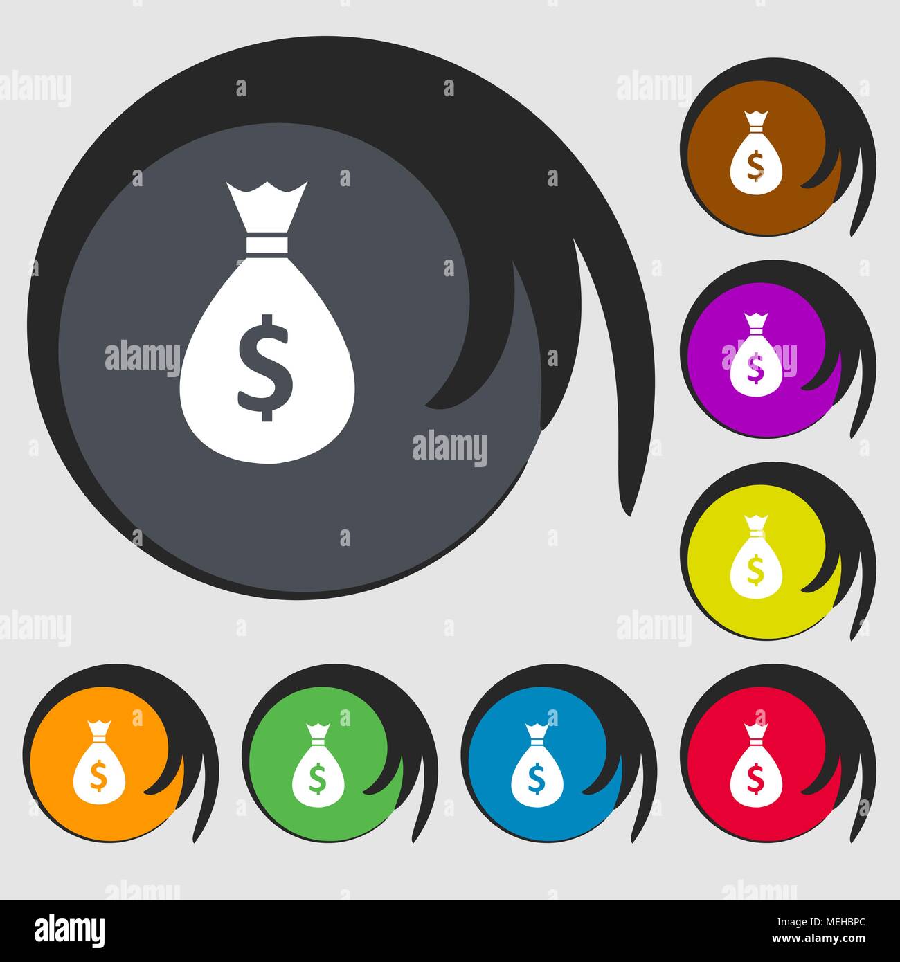 dollar money bag icon. Symbols on eight colored buttons. Vector ...
