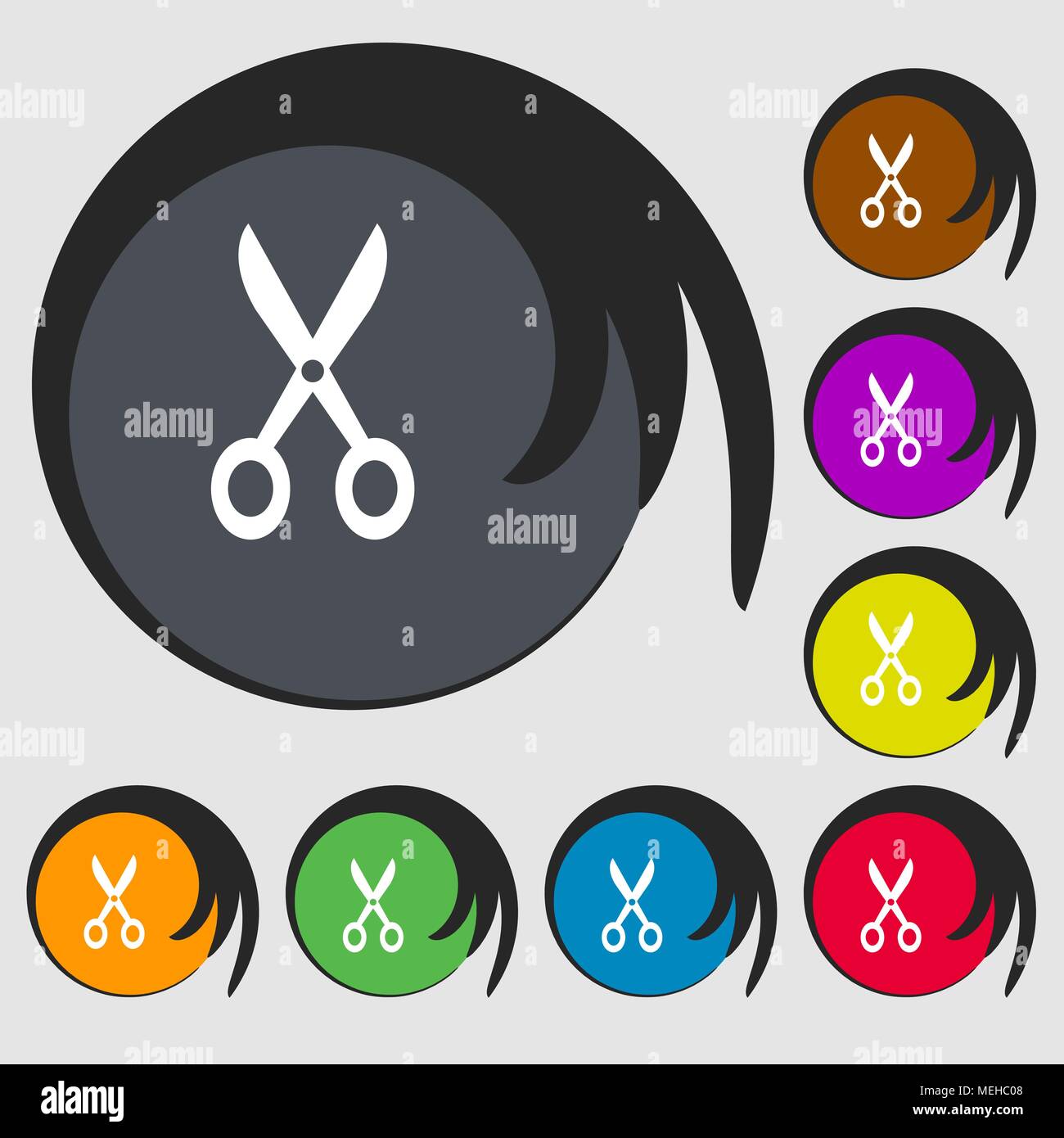Scissors icon. Symbols on eight colored buttons. Vector illustration ...