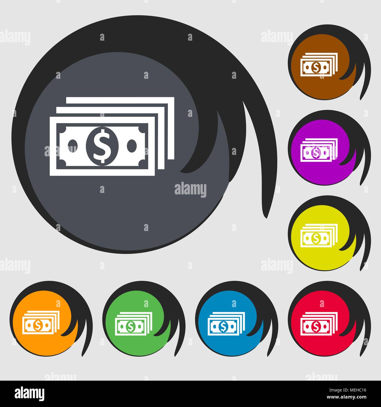 money, dollar icon. Symbols on eight colored buttons. Vector ...