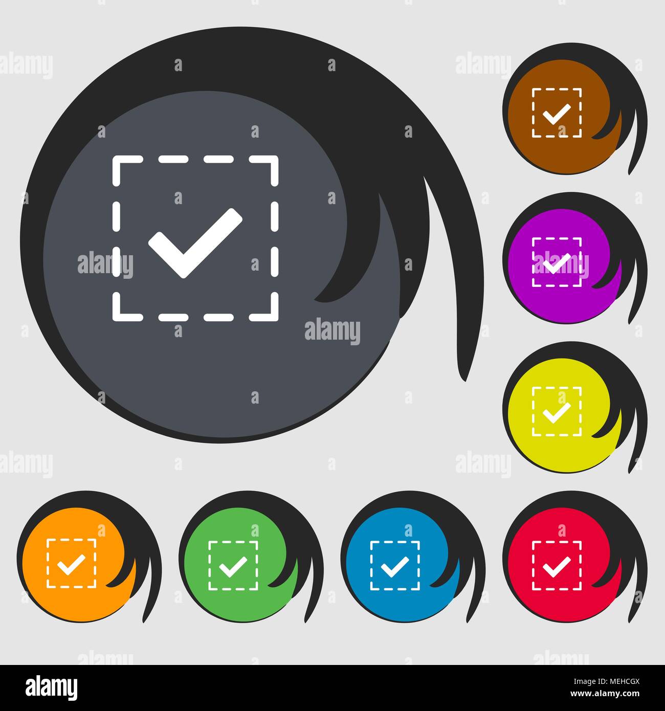 Check mark, tik sign icon. Symbols on eight colored buttons. Vector ...