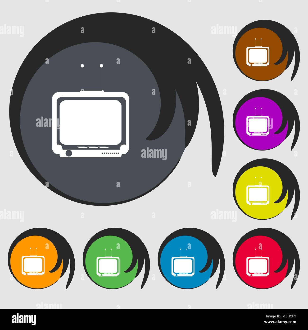 TV sign icon. Symbols on eight colored buttons. Vector illustration ...