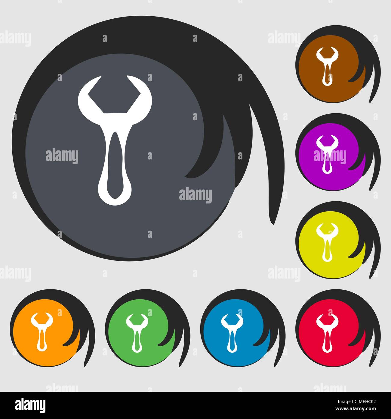 wrench sign icon. Symbols on eight colored buttons. Vector illustration ...