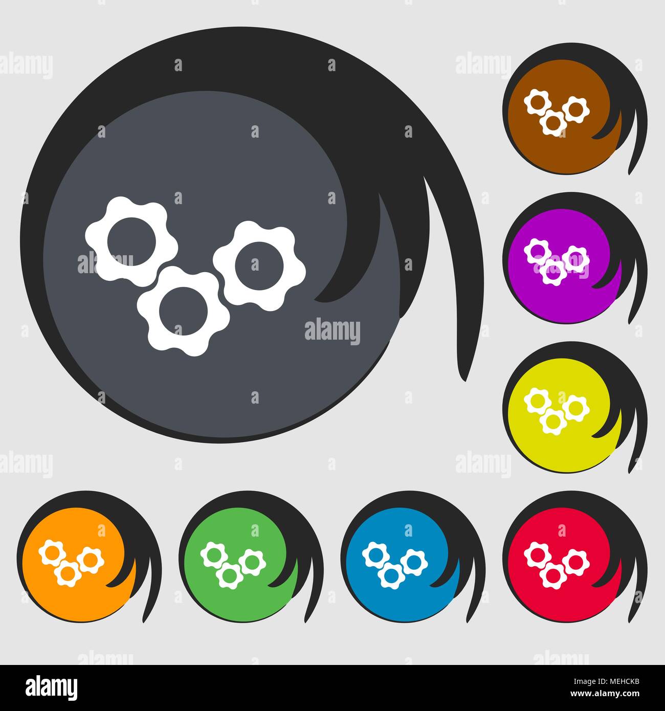 gears sign icon. Symbols on eight colored buttons. Vector illustration ...