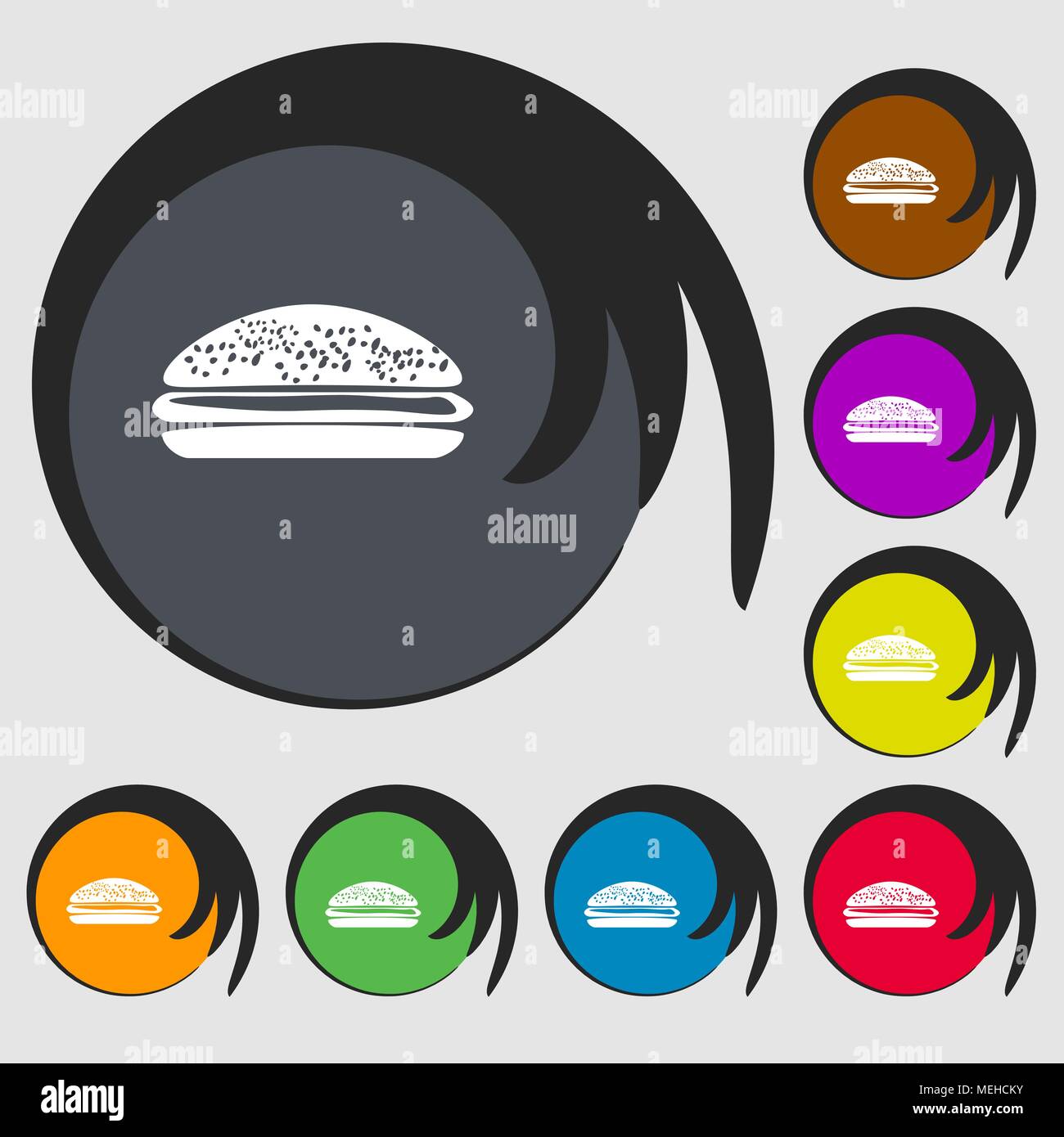 Burger, hamburger sign icon. Symbols on eight colored buttons. Vector ...
