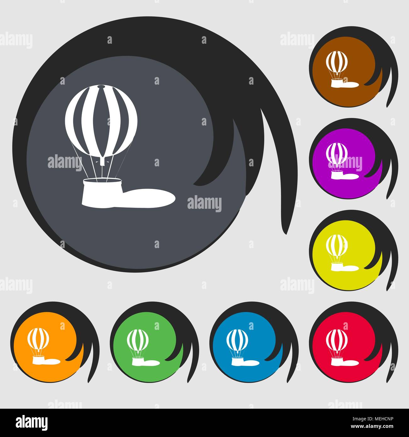 Hot air balloon sign icon. Symbols on eight colored buttons. Vector ...