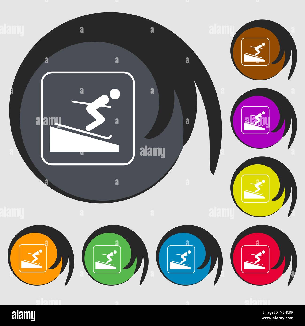Skier sign icon. Symbols on eight colored buttons. Vector illustration ...