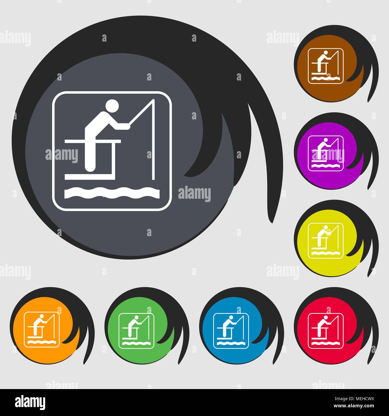 fishing sign icon. Symbols on eight colored buttons. Vector ...